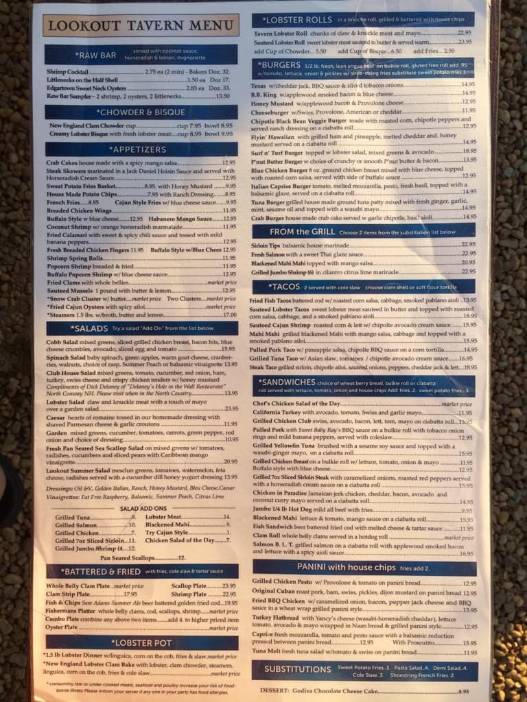 Menu at Lookout Tavern pub & bar, Oak Bluffs, 8 Seaview Ave