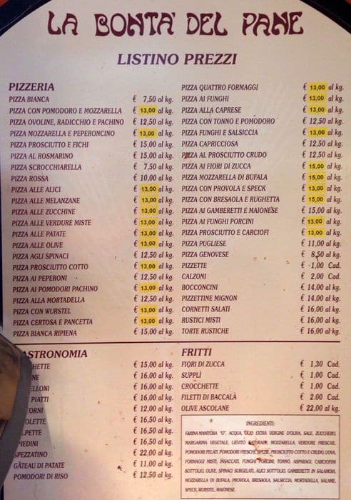 Menu at La Bontà del Pane pizzeria, Rome