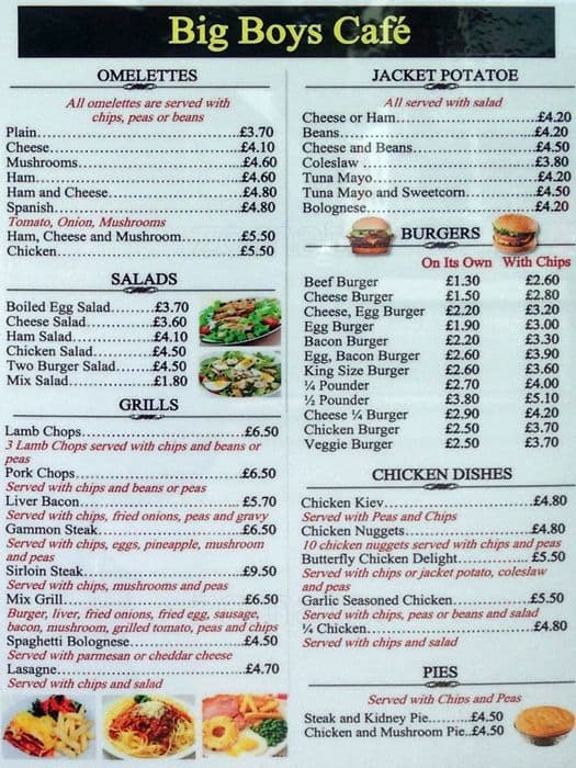 Menu at Big Boys Cafe, Greenford