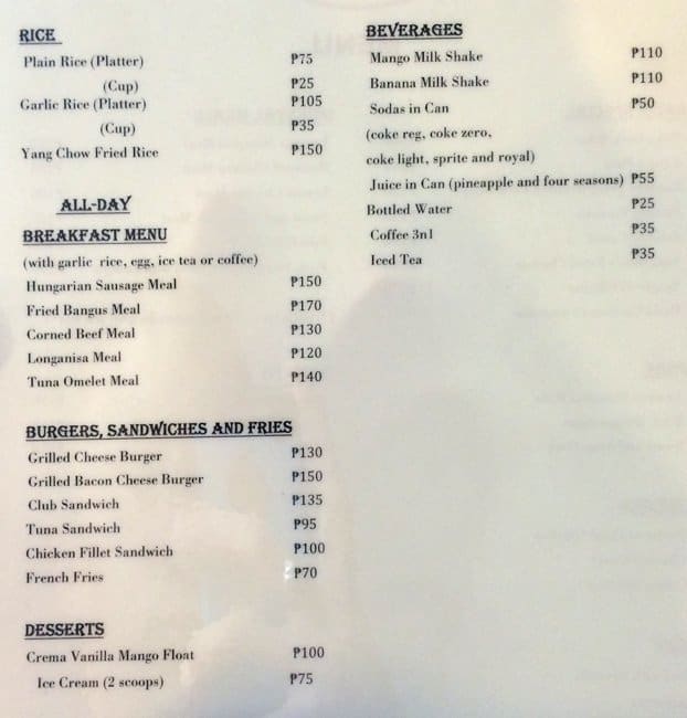 Menu at Sam Chino restaurant, Cebu City