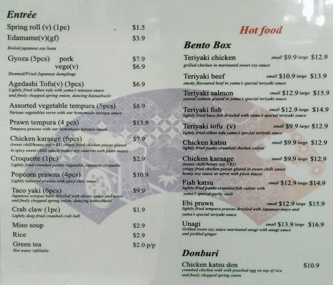 Menu at Yama Sushi restaurant, East Perth