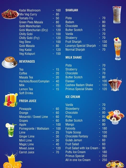 Menu at Primus Restaurant, Neyyattinkara