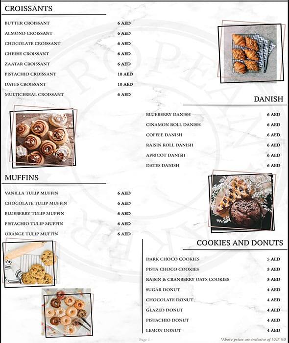 Menu of European Bakery, Al Nahda, Sharjah