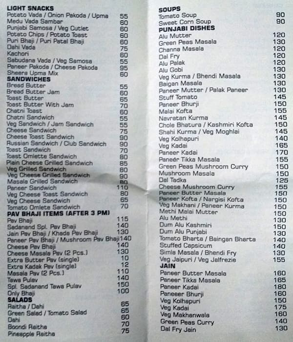 Menu of Sadanand Coffee House, Worli, Mumbai