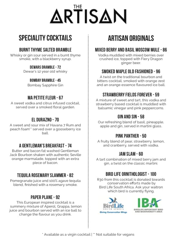 Menu at The Artisan Restaurant & Cocktail Bar, Johannesburg