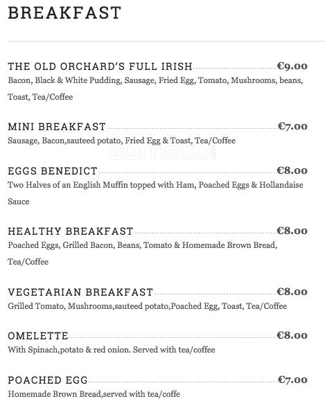 Menu at The Old Orchard Inn pub & bar, Dublin, 74 Butterfield Ave
