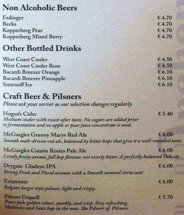 Menu at The Old Orchard Inn pub & bar, Dublin, 74 Butterfield Ave