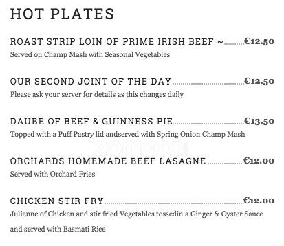 Menu at The Old Orchard Inn pub & bar, Dublin, 74 Butterfield Ave