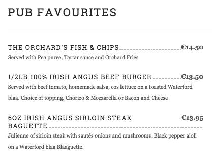 Menu at The Old Orchard Inn pub & bar, Dublin, 74 Butterfield Ave