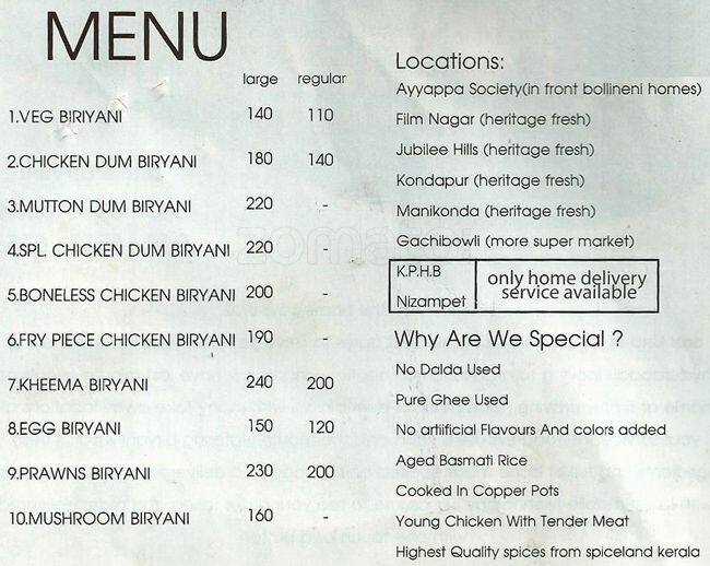 Menu at Just Biryani, Hyderabad, JR Towers