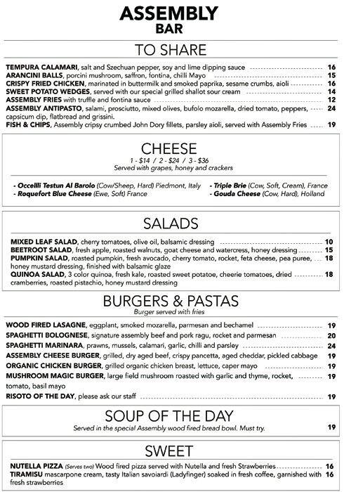 Assembly Bar Menu, Menu for Assembly Bar, CBD, Sydney - Urbanspoon/Zomato