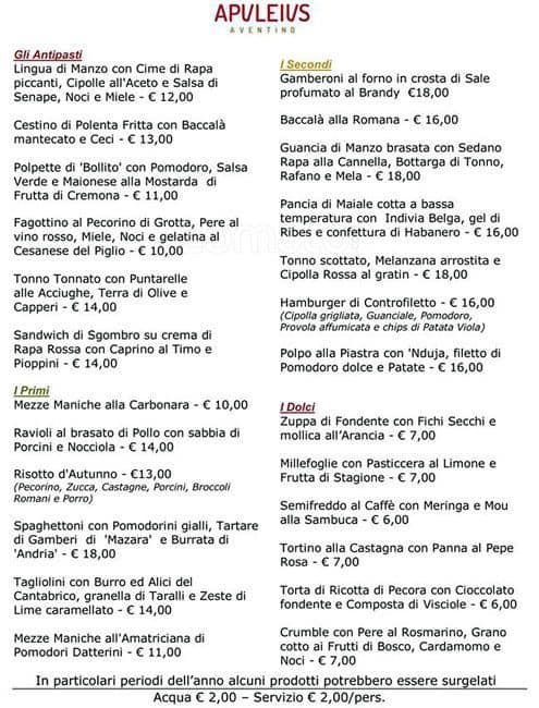 Menu at Ristorante Apuleius, Rome