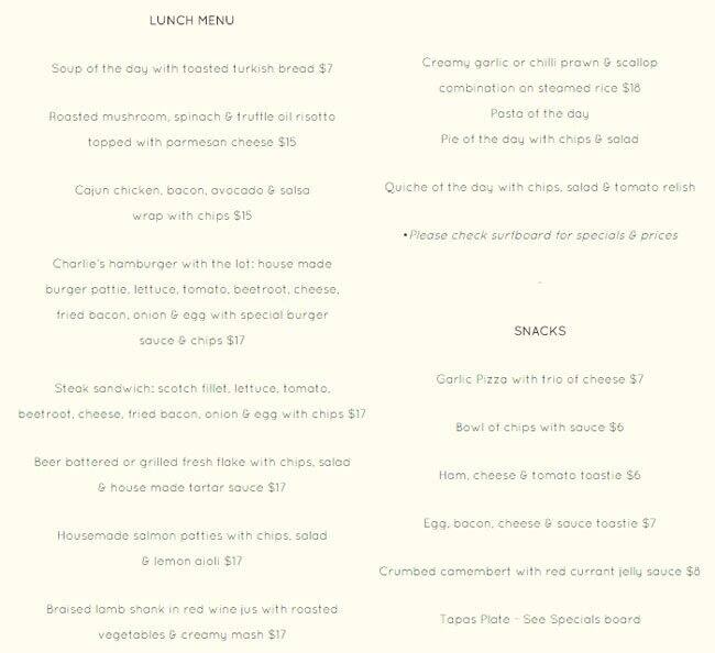 Menu at Charlies On East restaurant, Port Fairy