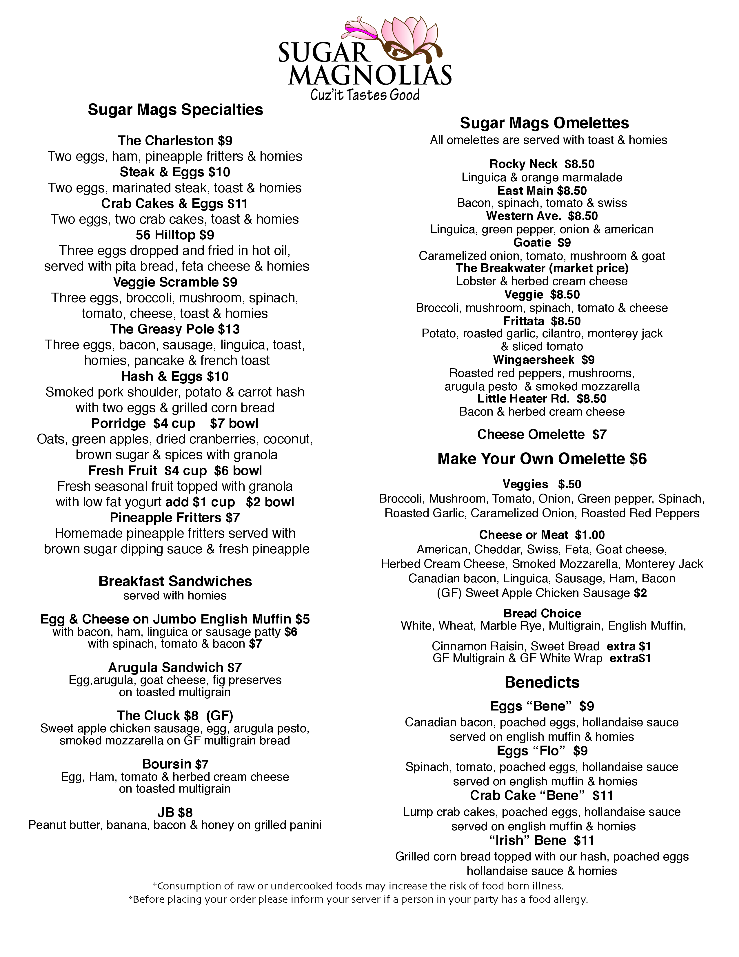 Menu at Sugar Magnolias restaurant, Gloucester