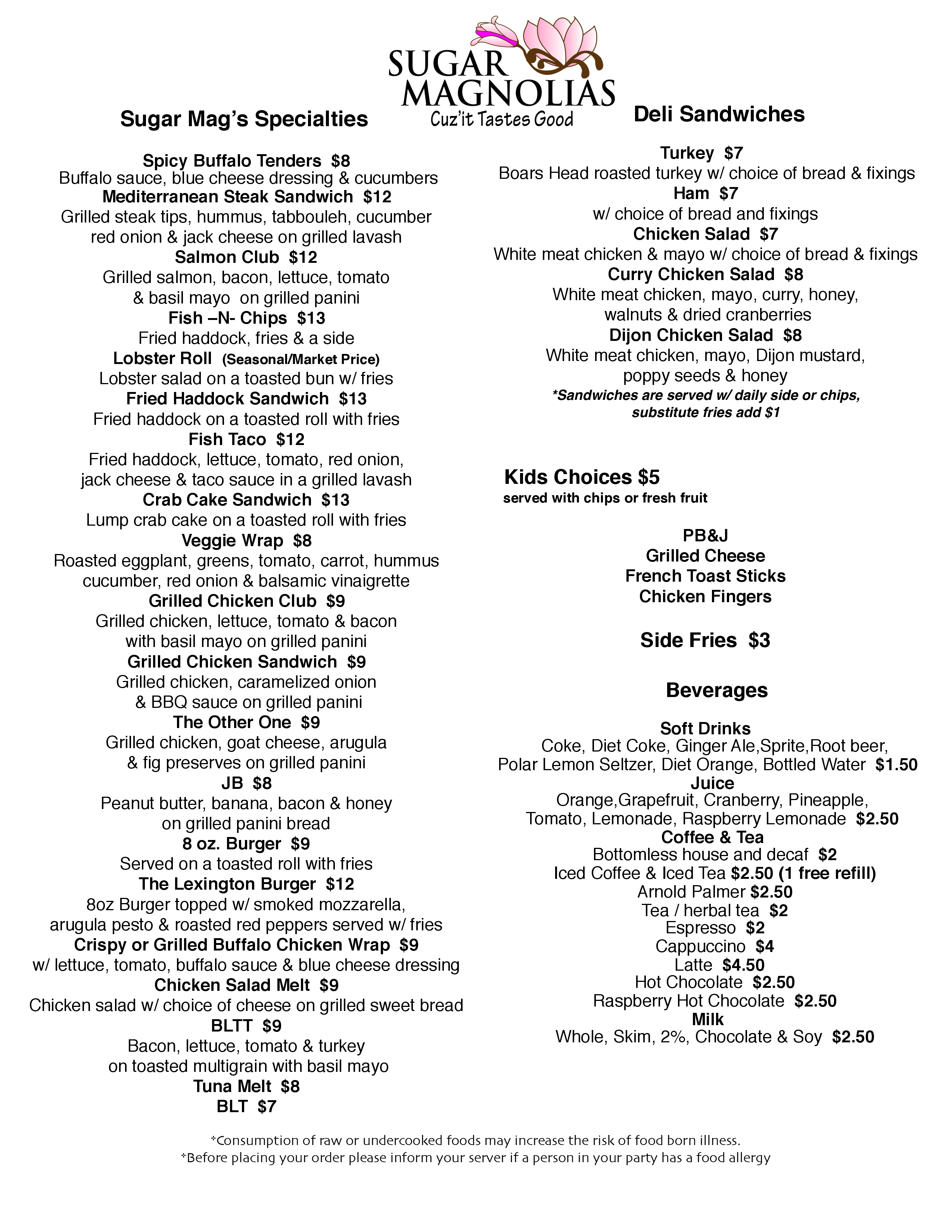 Menu at Sugar Magnolias restaurant, Gloucester