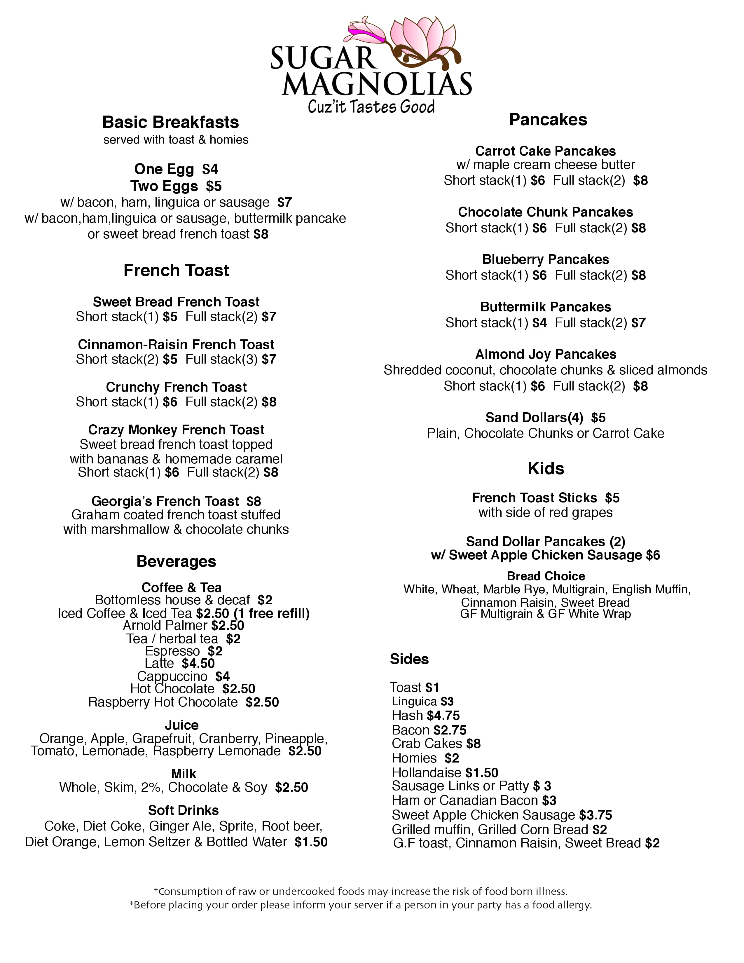 Menu at Sugar Magnolias restaurant, Gloucester