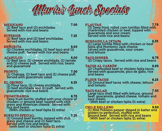 Menu at Casa Maria Mexican Restaurant, Houston