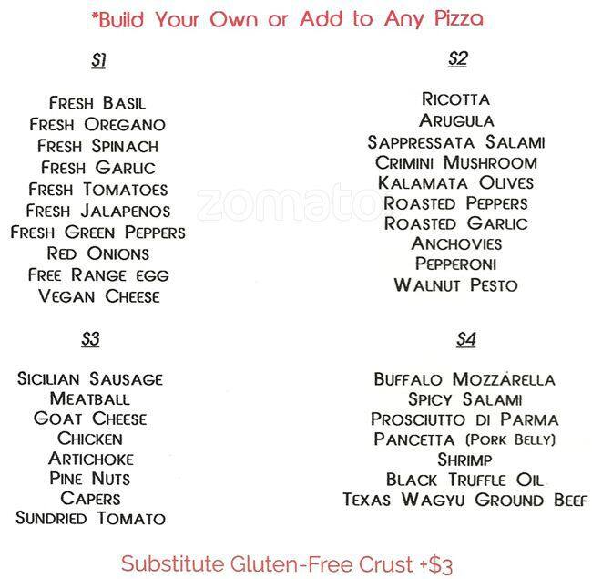 Menu at Bollo Woodfired Pizza pub & bar, Houston