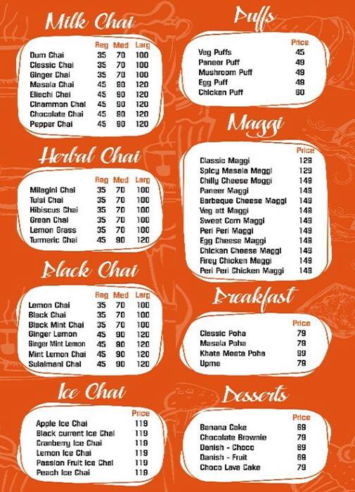 Menu of Chai Garden, Kilpauk, Chennai