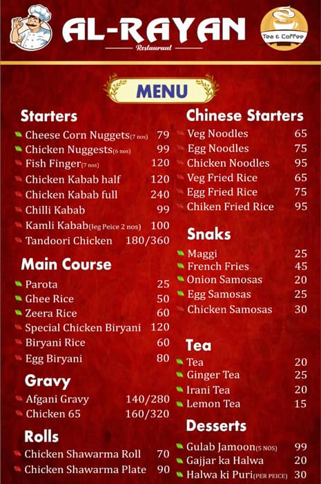 Menu of Al-Rayan Restaurant, JP Nagar, Bangalore