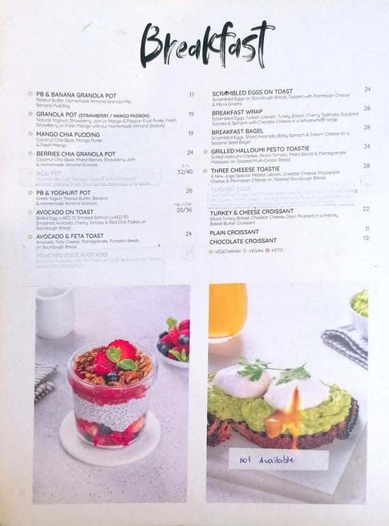 Menu of Joga, DIFC, Dubai