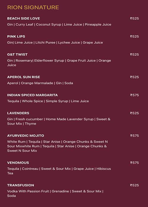 Menu of Rion, Pitampura, New Delhi