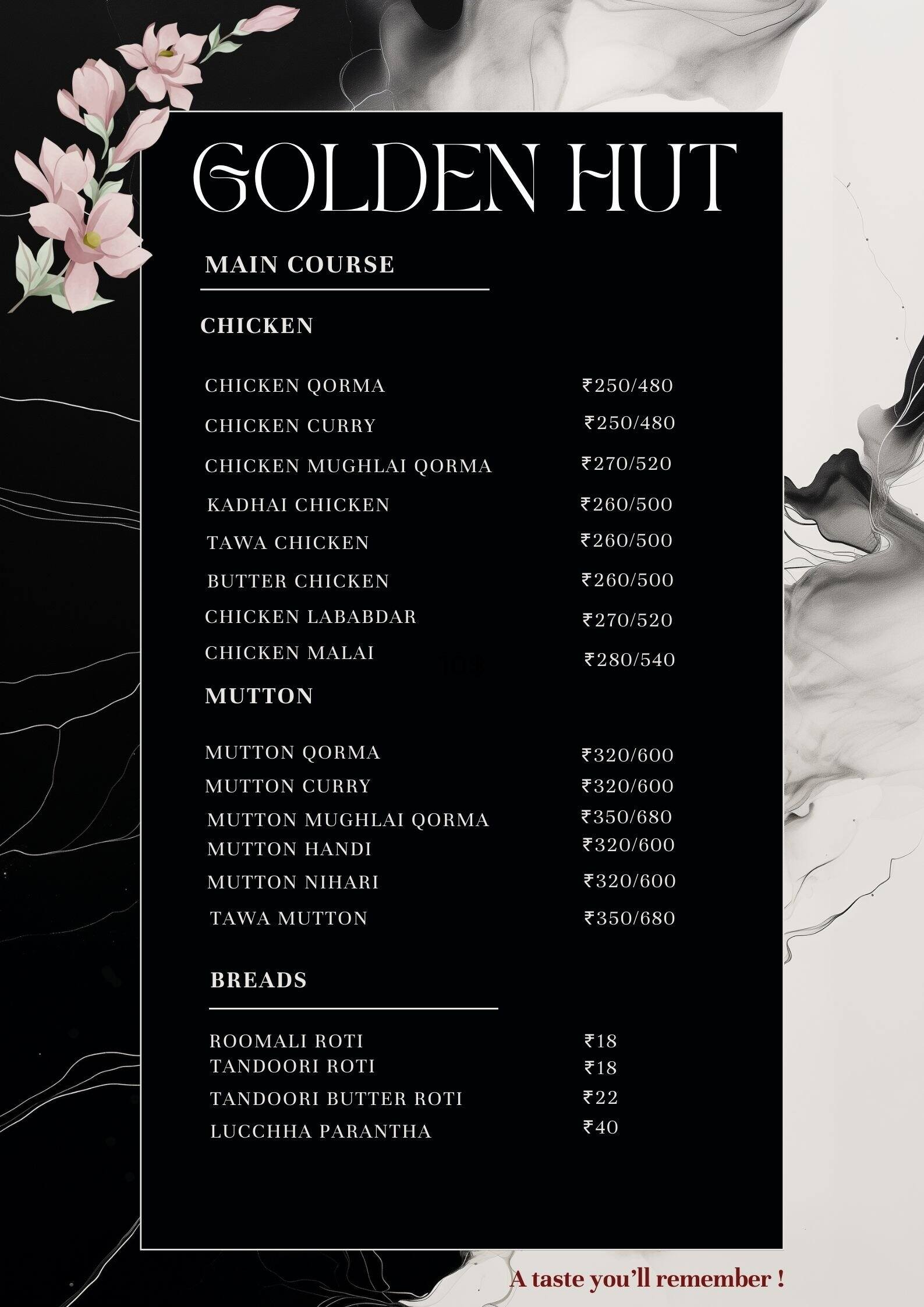 Menu of Golden Hut, Rakabganj, Agra