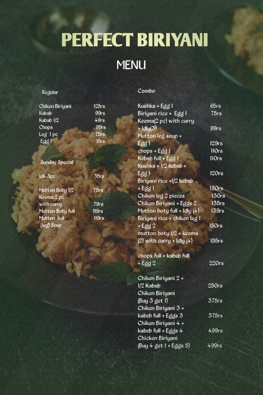 Menu of Perfect Biriyani, JP Nagar, Mysore