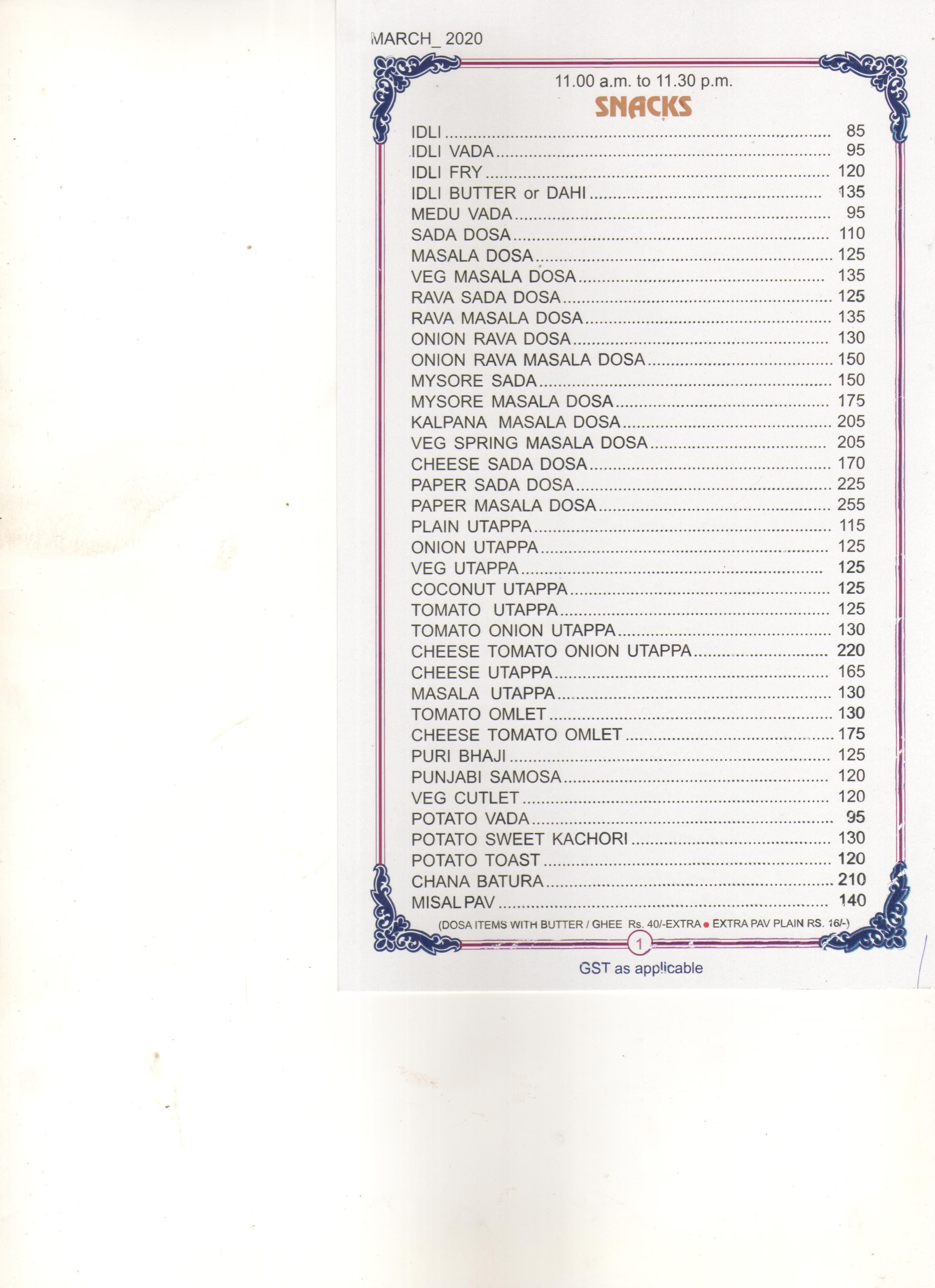 Menu of Kalpana Restaurant & Bar, Worli, Mumbai