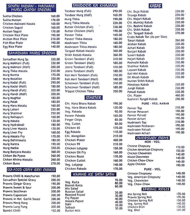 Menu of Samadhan, Vasai, Mumbai