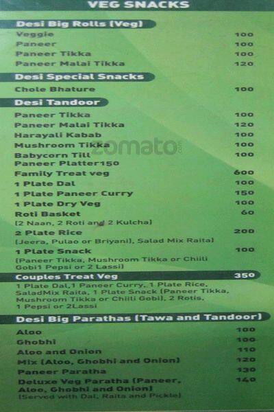 Menu at Desi Dhaba, Bengaluru, Mantri Square Mall