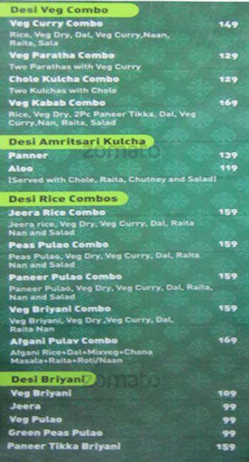 Menu at Desi Dhaba, Bengaluru, Mantri Square Mall