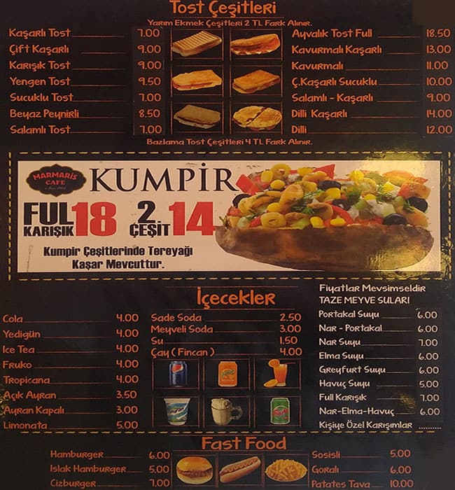 Menu at Marmaris Cafe, Istanbul, Mürver Çiçeği Sk.