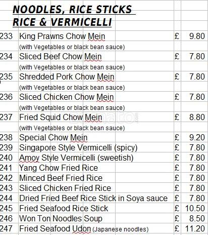 Menu at Tai Pan restaurant, Manchester