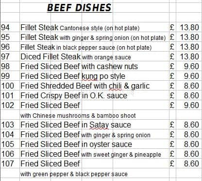 Menu at Tai Pan restaurant, Manchester