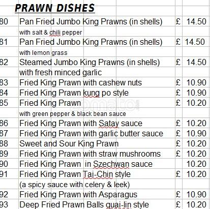 Menu at Tai Pan restaurant, Manchester
