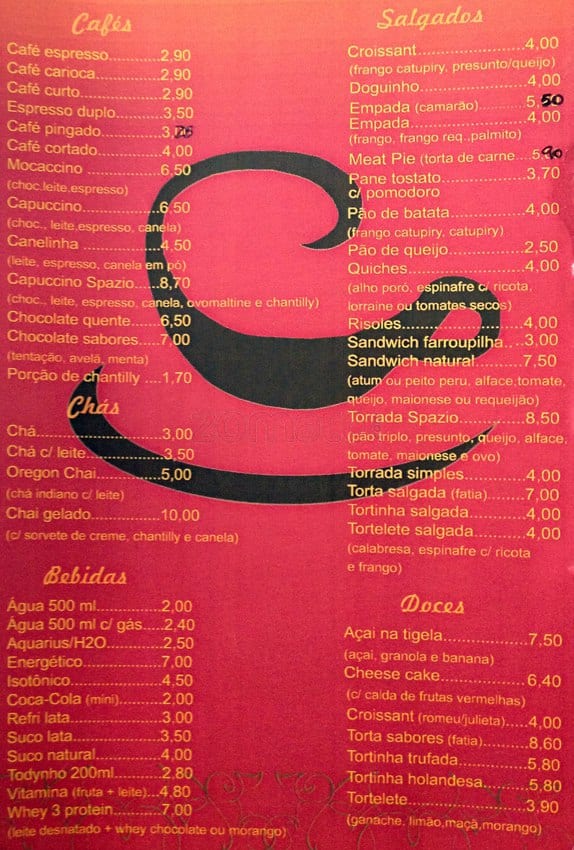 Menu at Spazio Café, Porto Alegre