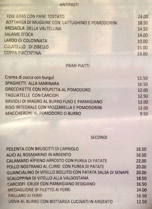 Menu at La Latteria restaurant, Milan, Via S. Marco