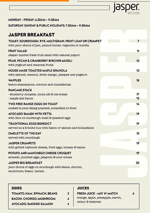 Menu at Jasper Kitchen cafe, Melbourne, 489 Elizabeth St