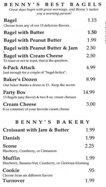Benny's Bagels Menu, Menu for Benny's Bagels, Far North Dallas, Dallas ...