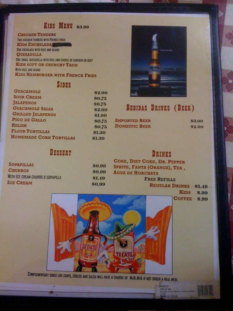 Menu at El Tepeyac restaurant, Blanchard, Veterans Memorial Hwy