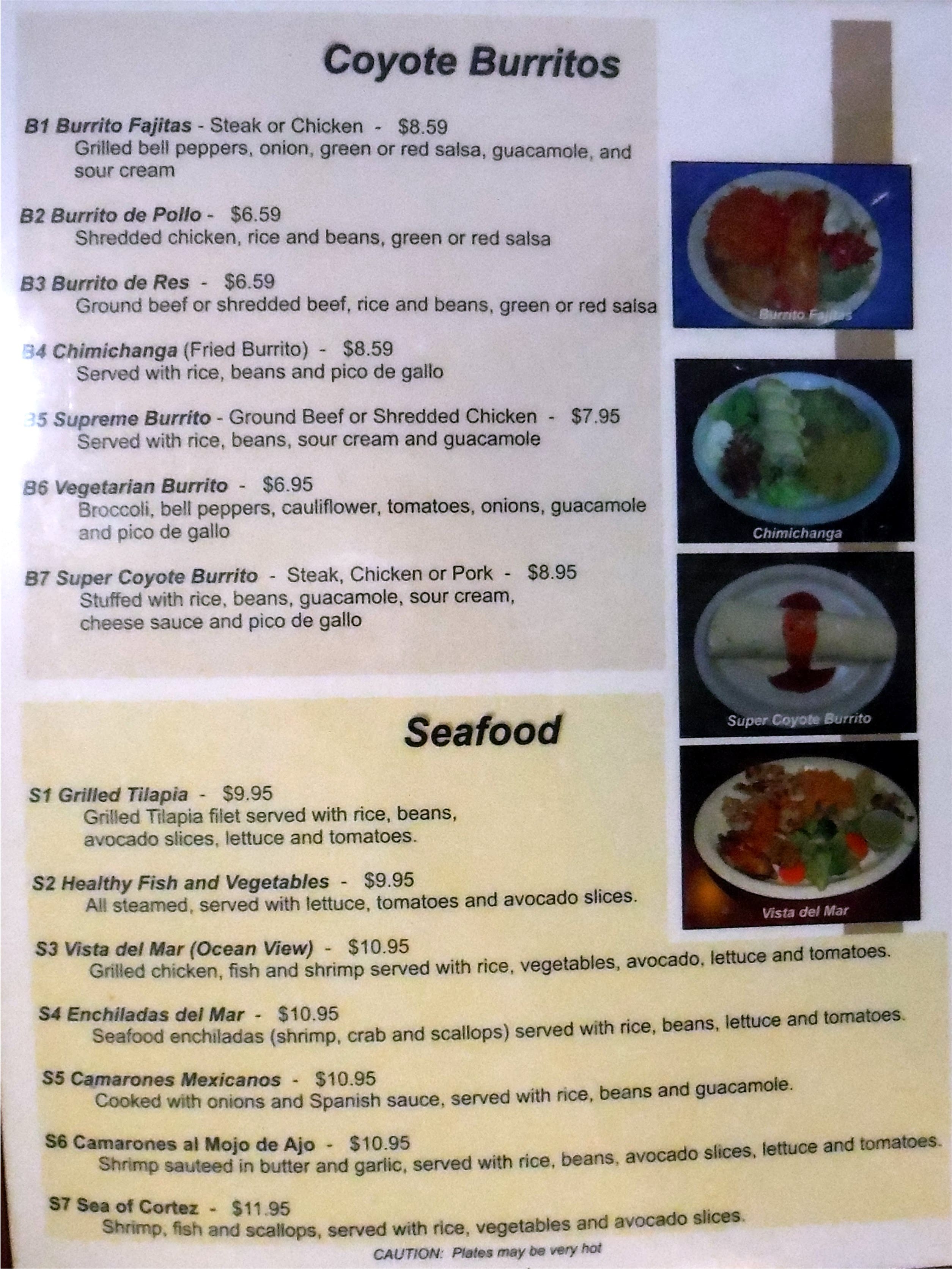 Menu at Coyote Rojo restaurant, Bushnell