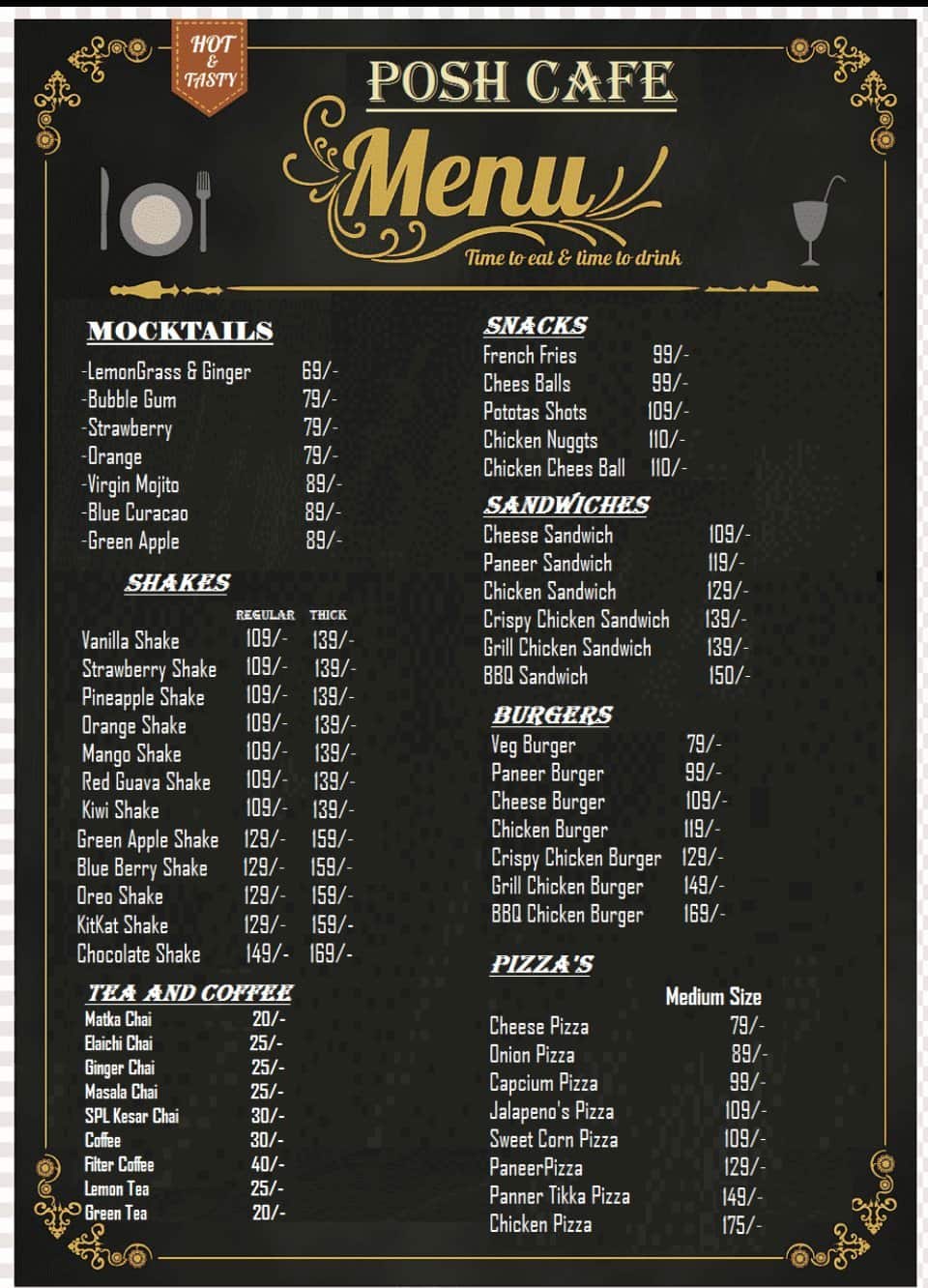 Menu of Posh Cafe, Narayanguda, Hyderabad