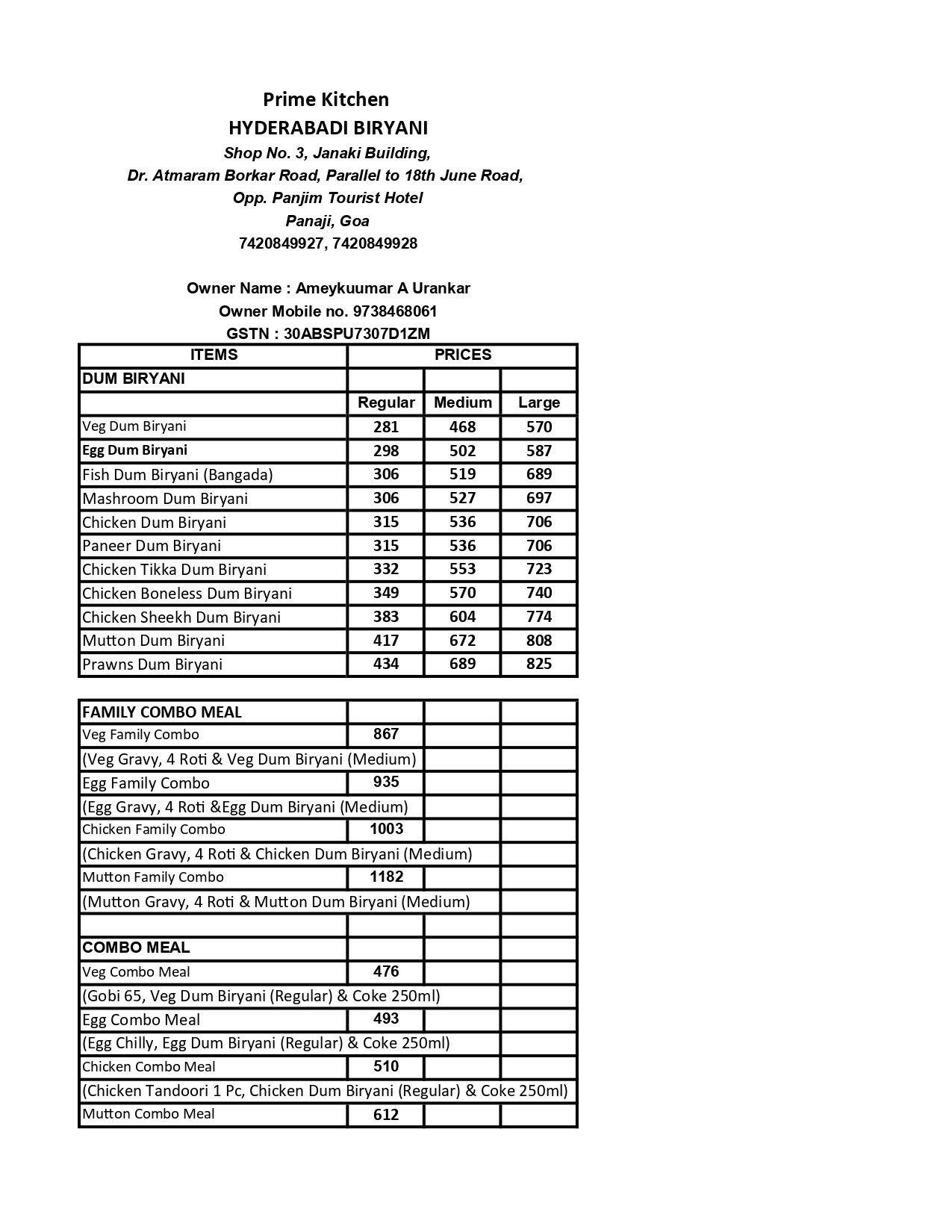 Menu at Prime Kitchen Hyderabadi Biryani, Dona Paula