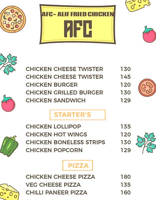 Menu of AFC- Alif Fried Chicken, Peer Gate Area, Bhopal