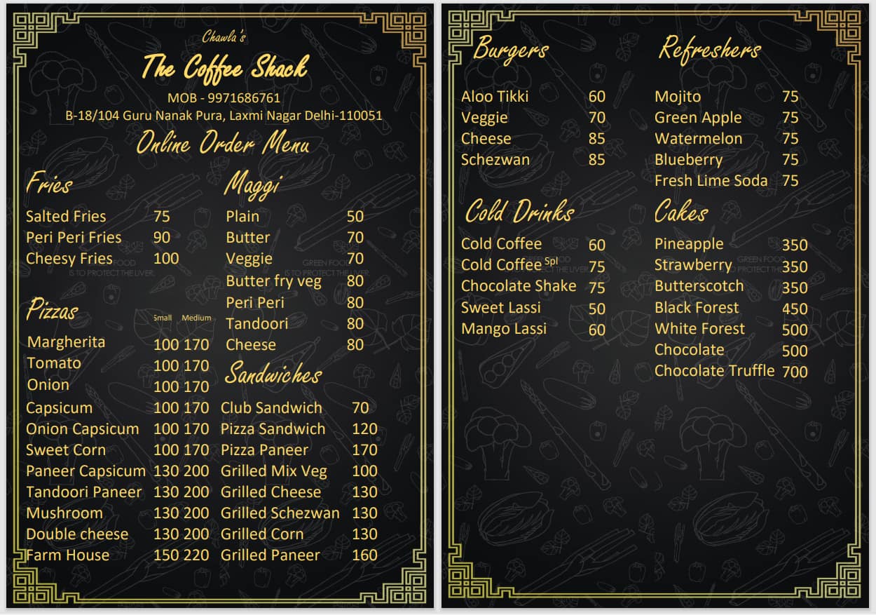Menu of Chawla's The Coffee Shack, Laxmi Nagar, New Delhi
