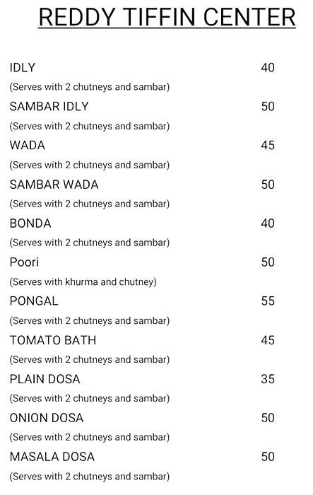 Menu of Reddy Tiffin Center, Medipally, Hyderabad