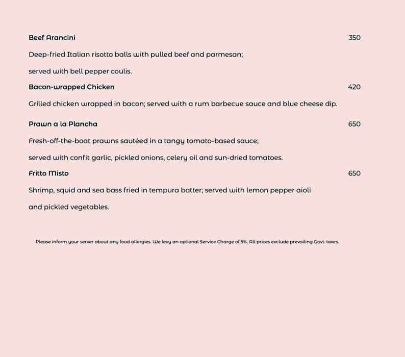 Menu of Terra Goa, Verna, Goa