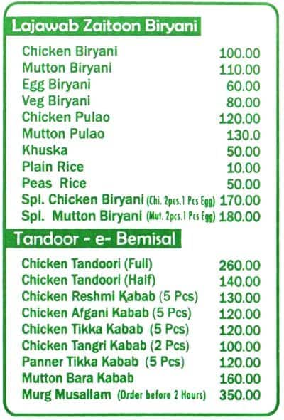 Menu at ZAITOON RESTAURANT, Kolkata