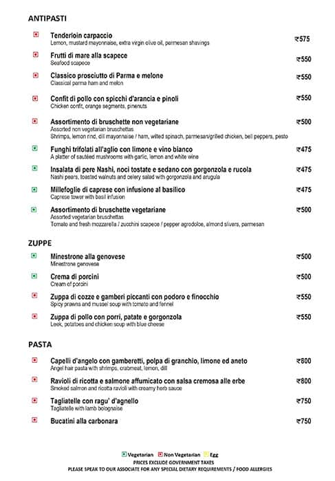 Menu of Incanto - The Zuri, Whitefield, Bangalore